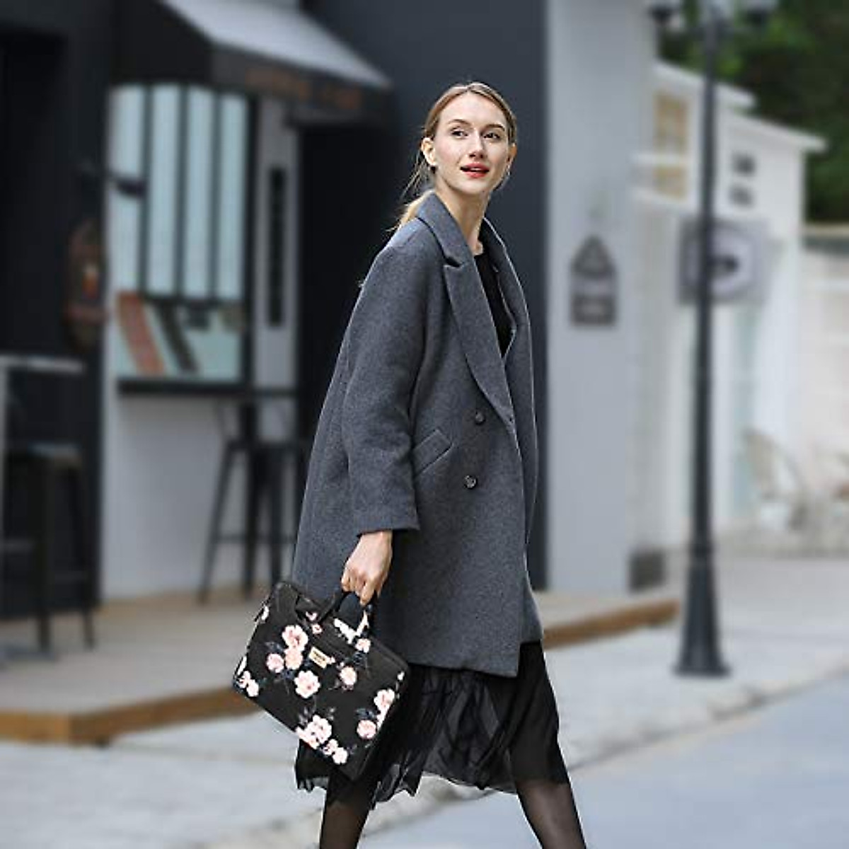 MOSISO Laptop Shoulder Bag Compatible with MacBook Air/Pro, 13-13.3 inch Notebook, Camellia Carrying Sleeve with Belt, Black