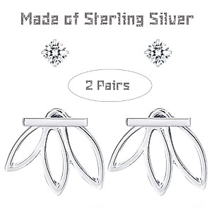 Milacolato 925 Sterling Silver Stud Earrings Set for Women 14K Gold Plated Ear Jacket Studs Lotus Flower Cubic Zirconia Stud Earrings Small Simple Chic Earrings Set