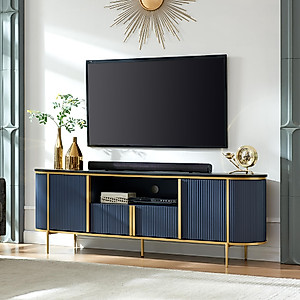 OKD Luxury 70" Fluted TV Stand, Modern Entertainment Center for TVs Up to 80 inches, TV Console with Faux Marble Top, Curved Profile Design, Media Console for Living Room, Blue