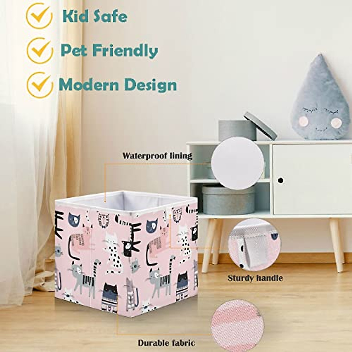 visesunny Rectangular Shelf Basket Cute Cat Dot Clothing Storage Bins Closet Bin with Handles Foldable Rectangle Storage Baskets Fabric Containers Boxes for Clothes,Books,Toys,Shelves,Gifts