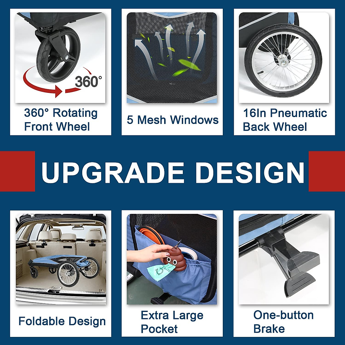 Dog Stroller for Large Dogs, Extra Large Pet Stroller for Medium Dogs Foldable, Dog Wagon and Cart for 2 Dogs with Pocket Up to 352lb Blue