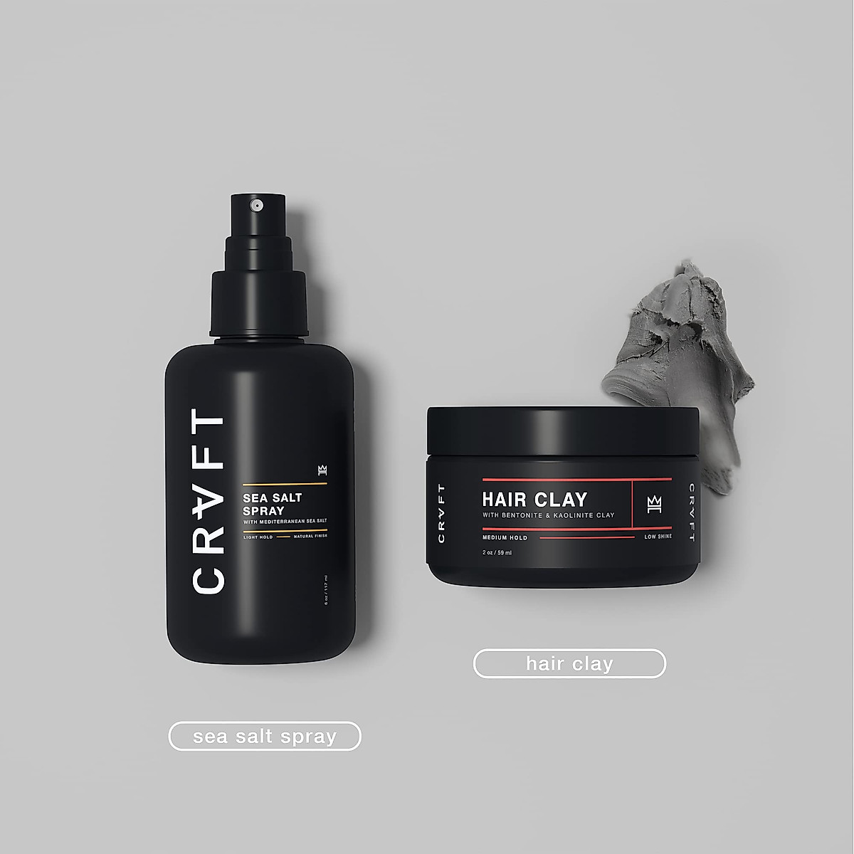 CRVFT Hair Clay 2.8oz + Sea Salt Spray 6oz Men's Bundle - Medium + Light Hold - Matte + Natural Finish - Volume + Texture + Prestyler - Stylist Approved - Scented