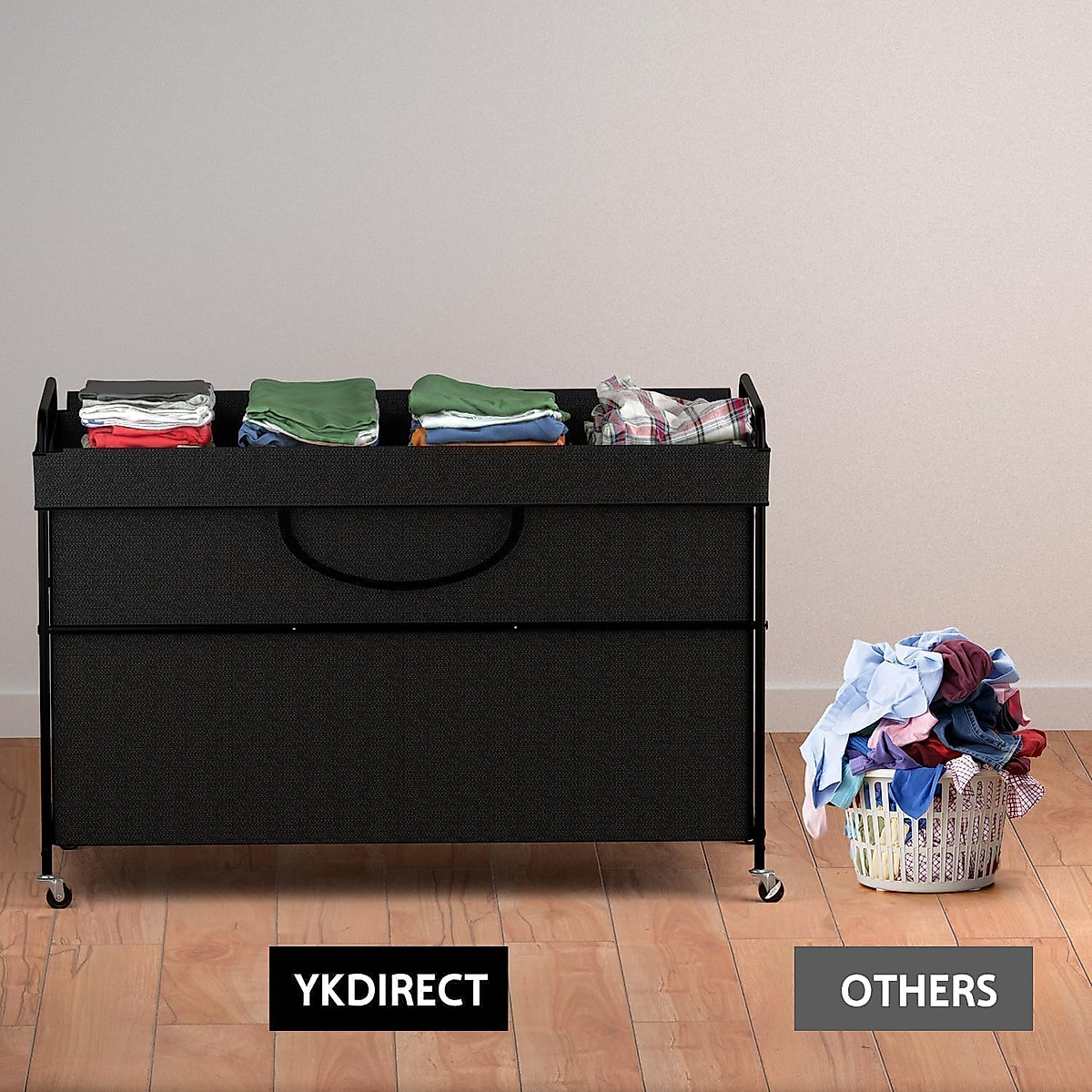 YKDIRECT 240L Large Laundry Hamper, 4 Compartment Laundry Basket with Lid, Removable Bag & Metal Structure with Industrial Wheels, Suitable for Bathroom, Dorm Room, Laundry Room (Black, 240L)