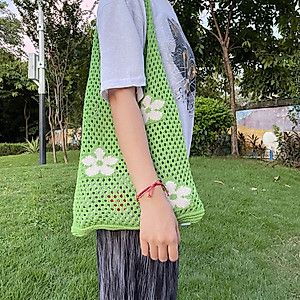 AIYUENCICI Crochet Tote, Fairy Hobo for Women - Y2k Purse, Knitted Shoulder Bag for Girls - Mesh Beach Bag (Green)