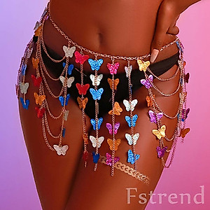 Fstrend Tassel Body Chains Sequin Butterfly Dance Skirt Silver Fringe Belly Waist Hip Chain Rave Accessories for Women