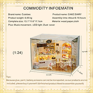 CUTEBEE Dollhouse Miniature with Furniture, DIY Dollhouse Kit Plus Dust Proof and Music Movement, 1:24 Scale Creative Room for Valentine's Day Gift Idea(Cake Diary)