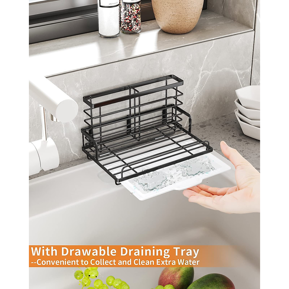 SWTYMIKI Sink Caddy Kitchen Sink Organizer, Large Capacity Sink Sponge Caddy with Pull-Out Drainage Tray Rustproof Kitchen Sponge Holder with Detachable Basket for Sponge and Brush, Black