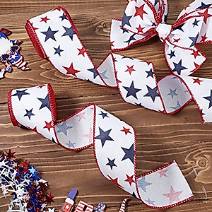 2 Rolls Stars Wired Edge Ribbon 4th of July Red White Blue Ribbon Independence Day Flag Day Ribbon for Wreaths 2.5 Inch Patriotic Fabric Ribbons for DIY Independence Day Party Decorations, 20 Yards