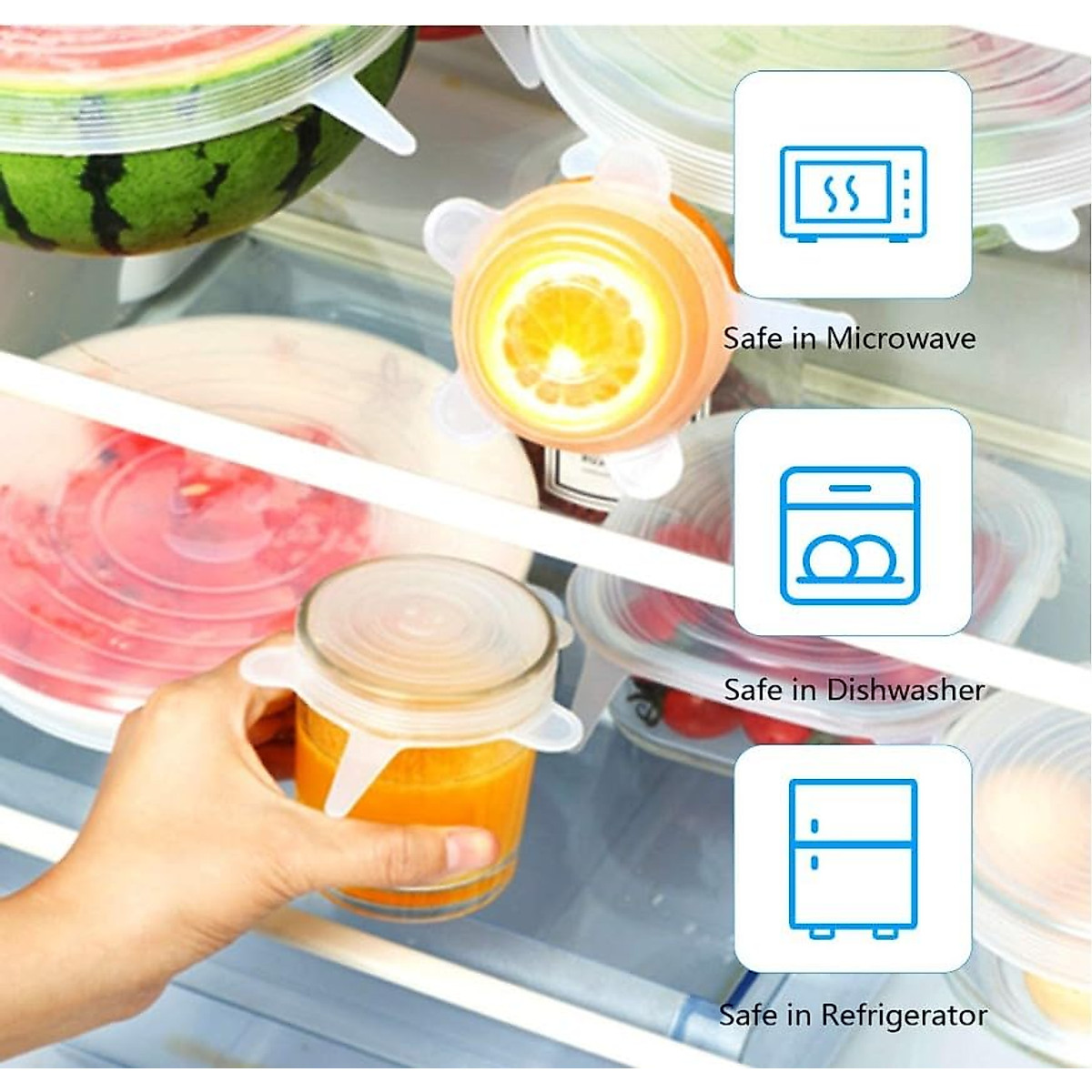 Reusable Silicone Stretch Lids, 12 Silicone Lids, 6 Different Circular Sizes, 6 Different Rectangular Sizes, Flexible Silicone Lids for Bowls, Tupperware, Food, Freezer Safe,adjustable.