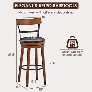 ERGOMASTER Bar Stools Set of 4 Swivel Bar Height Bar Stools for Kitchen Island, PU Leather Upholstered Barstools with Back & Solid Rubber Wood Legs & Metal Footrest, Seat Height 30.5 Inch, Brown