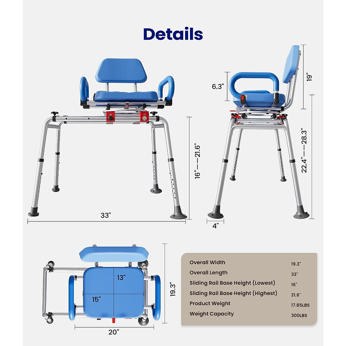 VOCIC Sliding Shower Chair, Swivel Tub Transfer Bench, Adjustable Height Shower Bench for Elderly, Bath Bench with Armrests & Swivel Padded Seat