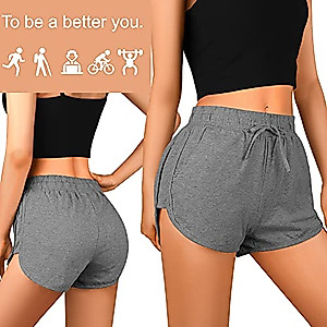 URATOT 2 Pack XXL Cotton Yoga Short Women Summer Running Gym Sports Waistband Shorts with Pockets, Black, Dark Grey