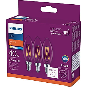 Philips 554121 40W Candelabra Base Blunt Tip Candle LED Bulb-(3 Pack)