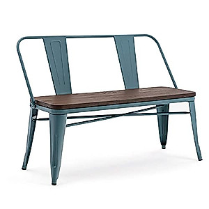 MELLCOM Metal Bench Industrial Mid-Century 3 Person Chair with Wood Seat,Dining Bench with Floor Protector,Blue