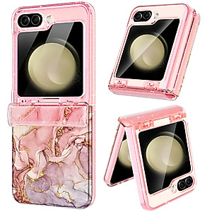 Btscase for Samsung Galaxy Z Flip 5 Case,Built in Front Screen Protector,Gold Glitter Marble Pattern Hard PC Slim Shockproof Full Body Drop Protective Case for Galaxy Z Flip 5 5G (2023), Rose Gold