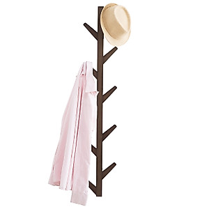 MyGift Wall Mounted Brown Bamboo Hall Tree Coat Rack, Hanging Narrow Hat Rack with 10 Peg Hooks