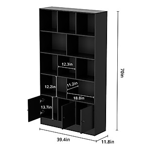 Anystyle Black 13 Cube Bookshelf, 5-Tier Bookcase Storage Cabinet with 3 Doors for Bedroom, Living Room