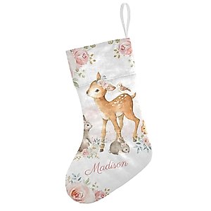Yeshop Deer Bunny Floral Pink Woodland Personalized Christmas Stockings with Name 1 Pc for Adult Kids Baby Pets, Custom Large Family Stockings for Girl Boy Christmas Xmas Holiday Decorations Gifts