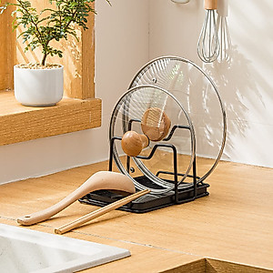 SUNFCON Pot Pan Lids Holder Cutting Board Rack Chopping Board Organizer Stand Spoon Rest w Drip Tray Kitchen Countertop Black