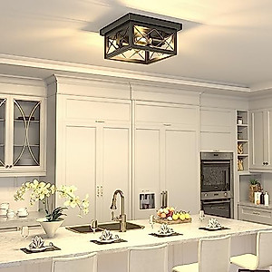 Aolloa Black Flush Mount Ceiling Light, 2-Light Hallway Light Fixtures Ceiling Mount, E26 Base Close to Ceiling Light with Vintage Metal Square Ceiling Lamp for Kitchen, Living Room, Bedroom