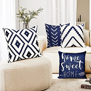 Decorative Throw Pillow Covers 18x18 Inch Blue Pillow Covers for Couch Sofa Living Room Bedroom car,Farmhouse Outdoor Throw Pillow Cover,Modern Geometric Linen Square Throw Pillow Case Set of 4