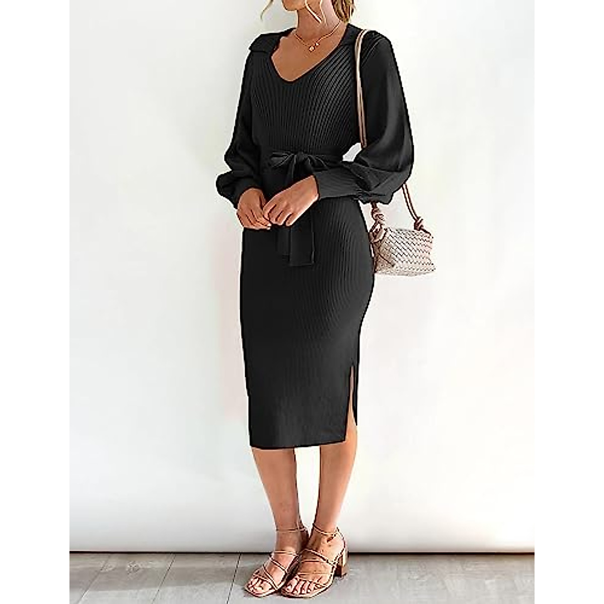 Chriselda Black Sweater Dress for Women Casual Long Sleeve V Neck Side Slit Knit Ribbed Midi Bodycon Dresses Winter Wedding Guest Dresses,Black, M