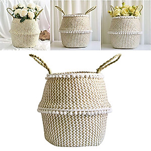 NUOBESTY Natural Round Seagrass Belly Basket with Handles for Storage Nursery Laundry Picnic Plant Pot Cover and Grocery and Toy Storage