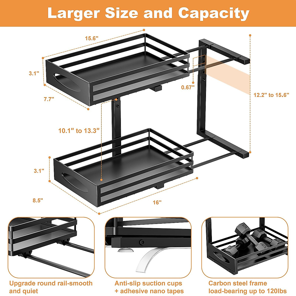 mixeshop Under Sink Organizer, 2 Pack Pull Out Cabinet Organizers, Slide Sink Steel Shelf Cabinet Storage Shelves, Under Sink Storage for Kitchen Bathroom Cabinet, Black