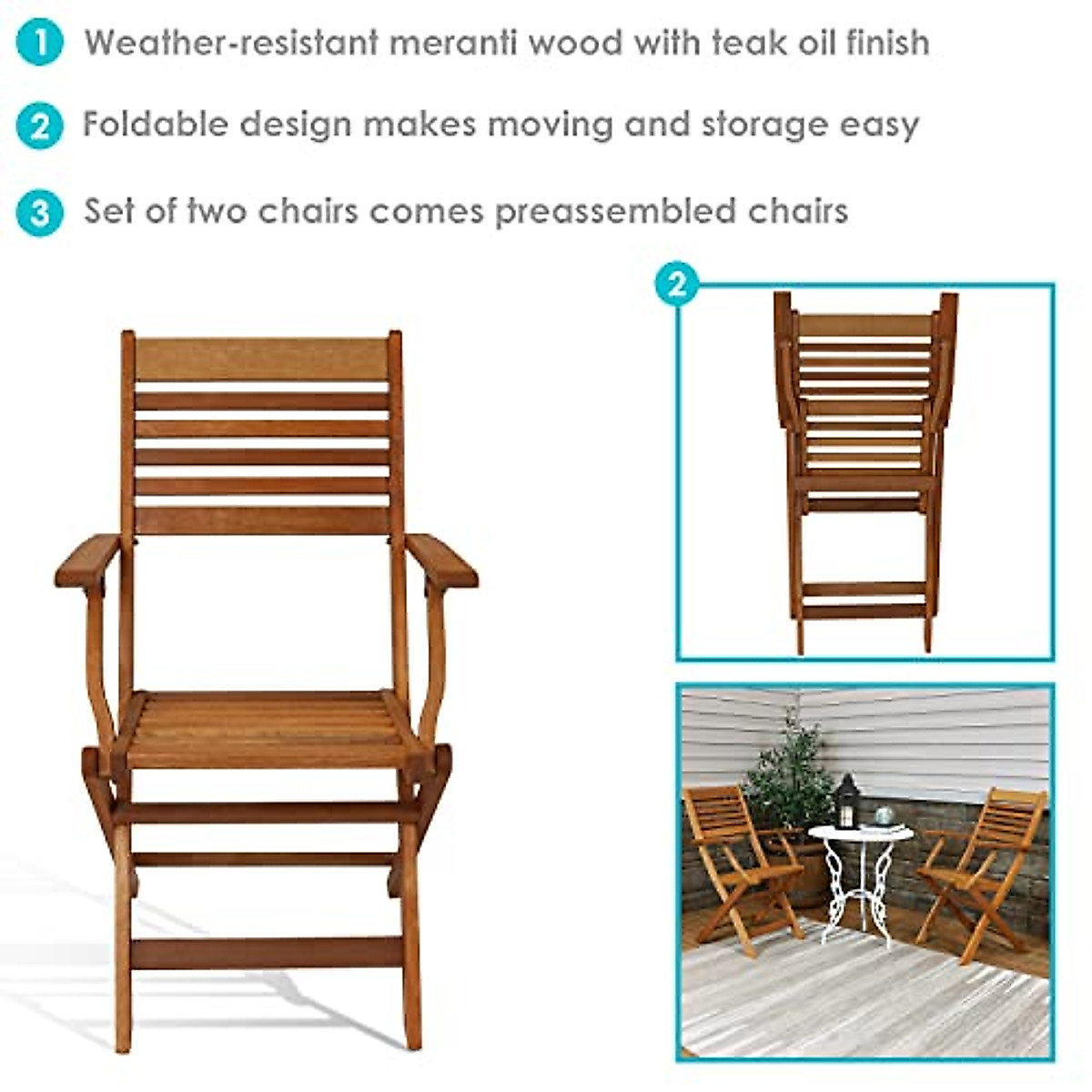 Sunnydaze Meranti Wood Outdoor Folding Patio Armchairs - Set of 2 - Outside Wooden Bistro Furniture for Lawn, Deck, Balcony, Garden and Porch - Teak Oil Finish