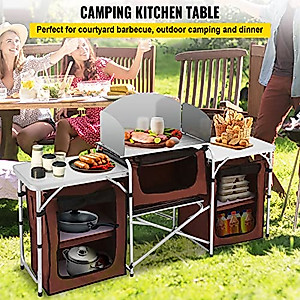 Happybuy Camping Kitchen Table, 3 Storage Organizer, Aluminum Windscreen Outdoor Folding Grill Station with 2 Side Tables, Camping Supplies and Accessories for BBQ Picnic Fishing Party Use, Brown