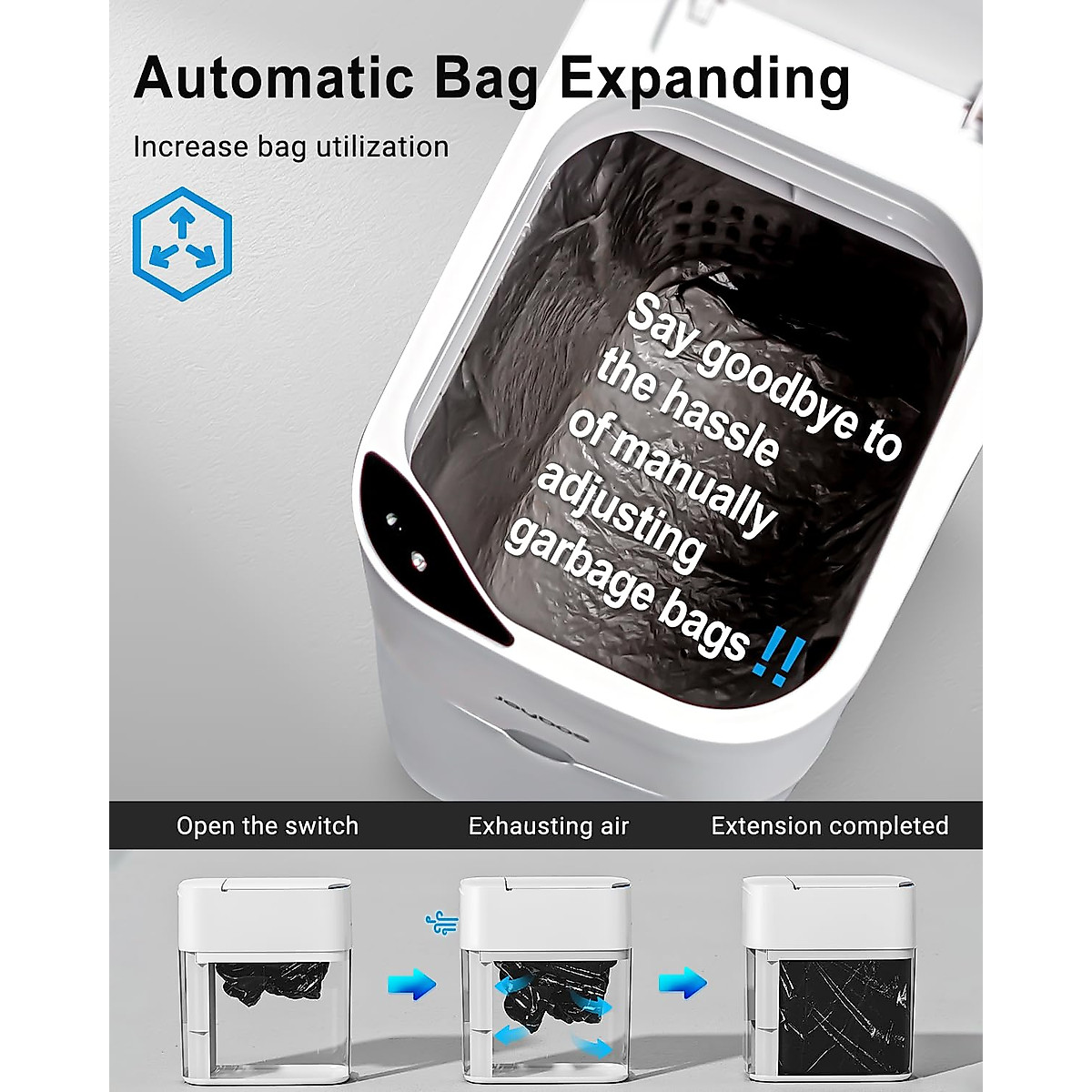 CTIME 2nd Gen Automatic Trash Can Bathroom Motion Sensor Garbage Can with Soft-Close Lid,3 Gallon Automatic Bag Expanding Trash Bins,White Slim Small Garbage Cans for Narrow Place(Includes 1 Bag Roll)