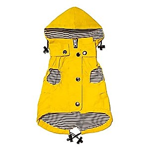 Sleeveless Zip Up Dog Raincoat with Reflective Buttons, Pockets, Rain/Water Resistant, Adjustable Drawstring, & Removable Hood - Size XS to XL - Stylish Premium Dog Raincoats (Medium, Yellow)