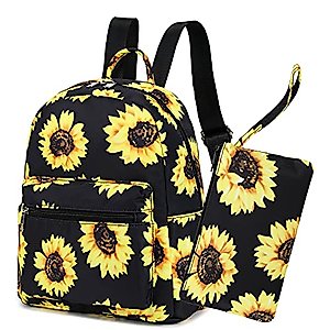 LEDAOU Mini Backpack Set Girls Fashion bookbags with Purse wallet backpack wallet set for Women Teens School Travel Bag (Black sunflower)