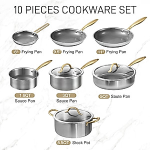 CAROTE Ceramic Tri-Ply Stainless Steel Cookware Set, 10Pcs Stainless Steel Pots and Pans with Tempered Glass Lids, Stay-Cool Handles, Dishwasher and Oven Safe up to 500°F