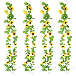 OUTLEE 4 Pack Artificial Sunflower Garland Faux Silk Sunflower Vines with 12 Flower Heads 8 ft Long for Home Garden Wedding Party Decor