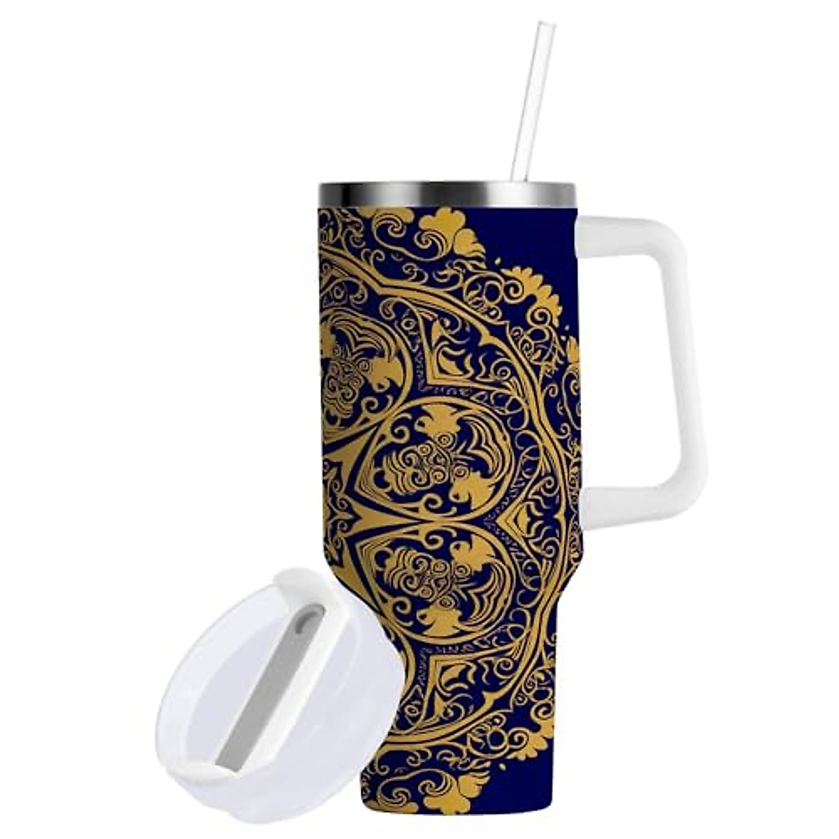 RPLIFE Intricate Swirls and Floral Navy Tumbler with Handle, Stainless Steel Mug, Cups with Lids and Straws