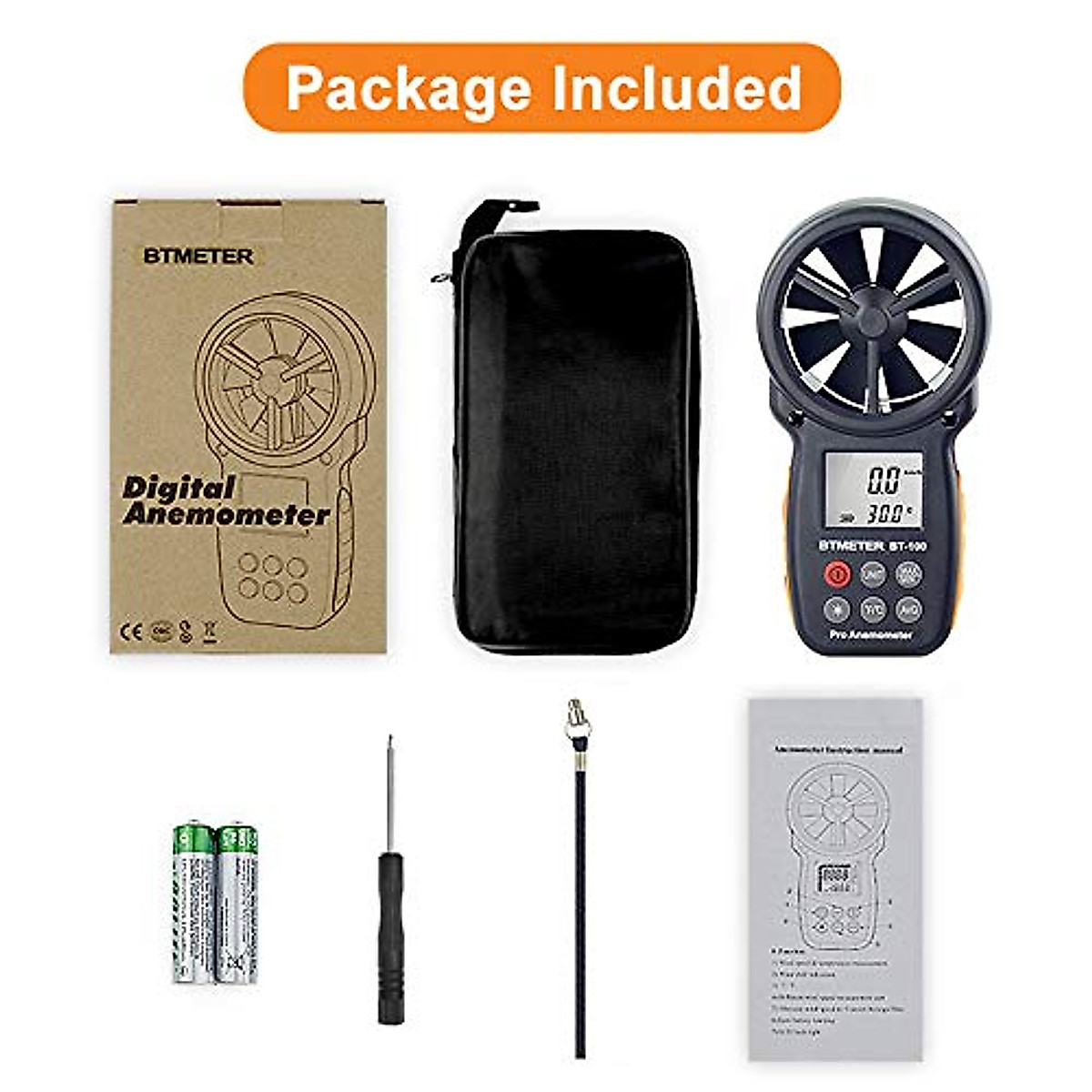 BTMETER BT-100 Handheld Anemometer, Digital Wind Speed CFM Meter Gauge Air Flow Velocity Tester for HVAC Shooting Drone, Wind Chill, 14℉-113℉ Wind Temperature