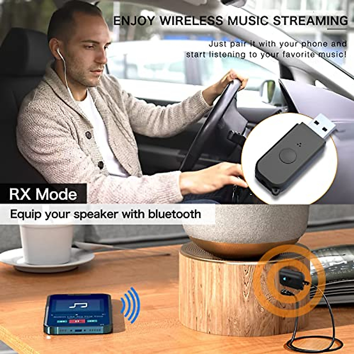 2 in 1 Bluetooth V5.3 Transmitter Receiver, USB Bluetooth Adapter, Wireless Audio Transmitter for TV to Bluetooth Headphones, Low Latency, Power by USB for TV/PC Home/Car Sound System