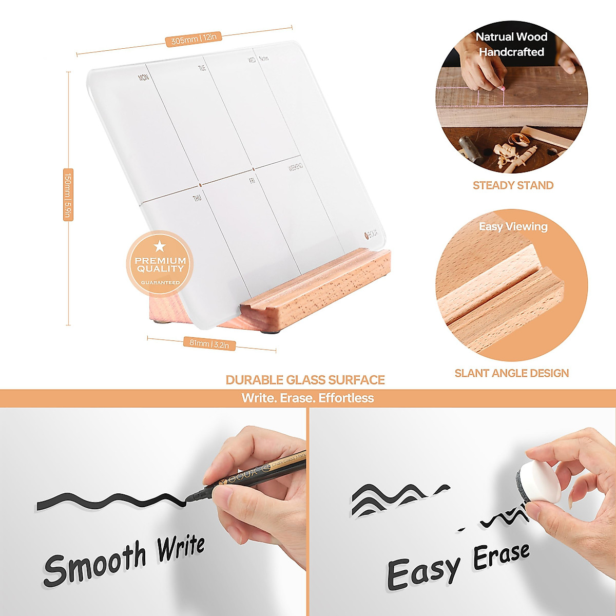 Desktop Glass Weekly Planner Whiteboard with Detachable Wood Stand,Small Portable Dry Erase Calendar to Do List White Board 12x6" for Office, Home, Schools, Marker&Eraser Included, Yeoux