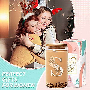 Glass Cup Birthday gifts for Women Personalized Monogram Gift for Women - 16 oz Clear Bamboo Glass Cups with Lid Straws Gifts for Mothers Day for Friends Teacher Nurse Mom Sister Aunt Letter S