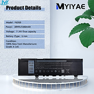 MYIYAE 38Wh F62G0 39DY5 Laptop Battery for Dell Inspiron 13 7000 i7373 7373 7386 2-in-1, 7370 7380 5370 P83G P87G P91G P83G001 P83G002 P87G001 Vostro 13 5370 D1525S D1505G R1605S F62GO 11.4V 38Wh