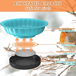 Fnydvis Heated Bird Bath, 85W Thermostatically Controlled Birdbath Heater 3 Ways Easy Mount, All Seasons Available Detachable Bird Waterer Feeder for Outdoor Garden Yard Patio (Blue)