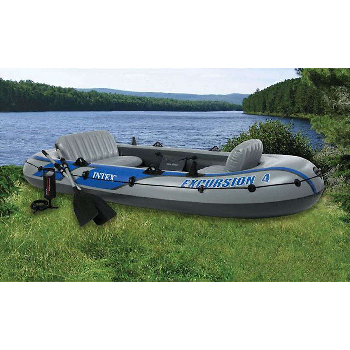 Intex Excursion 4 Inflatable 4 Person Fishing Boat Raft Set with Motor Mount Kit for Rivers and Lakes (Motor Not Included)
