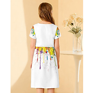 21KIDS Girls Floral Dress Kids Boho Short Sleeve Pleated Casual Dress with Pockets for Girls, Paint, 6 Years