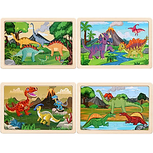 Wooden Puzzles Dinosaur Toys for Kids Ages 3-5, Set of 4 Packs with 20-Piece Wood Jigsaw Puzzles, Preschool Educational Brain Teaser Boards for Boys and Girls 3 4 5 6 Years Old