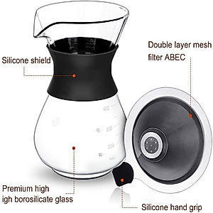XIYUAN Pour Over Coffee Maker, Permanently Use The Pour Over Coffee Dripper Borosilicate Glass Water Bottle Coffee Pot With Stainless Steel Filter Hand Punch Coffee Pot Set 14oz / 400Ml