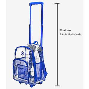 K-Cliffs Rolling Clear Backpack Heavy Duty Bookbag Quality See Through Workbag Travel Daypack Transparent School Book Bags with Wheels Royal Blue