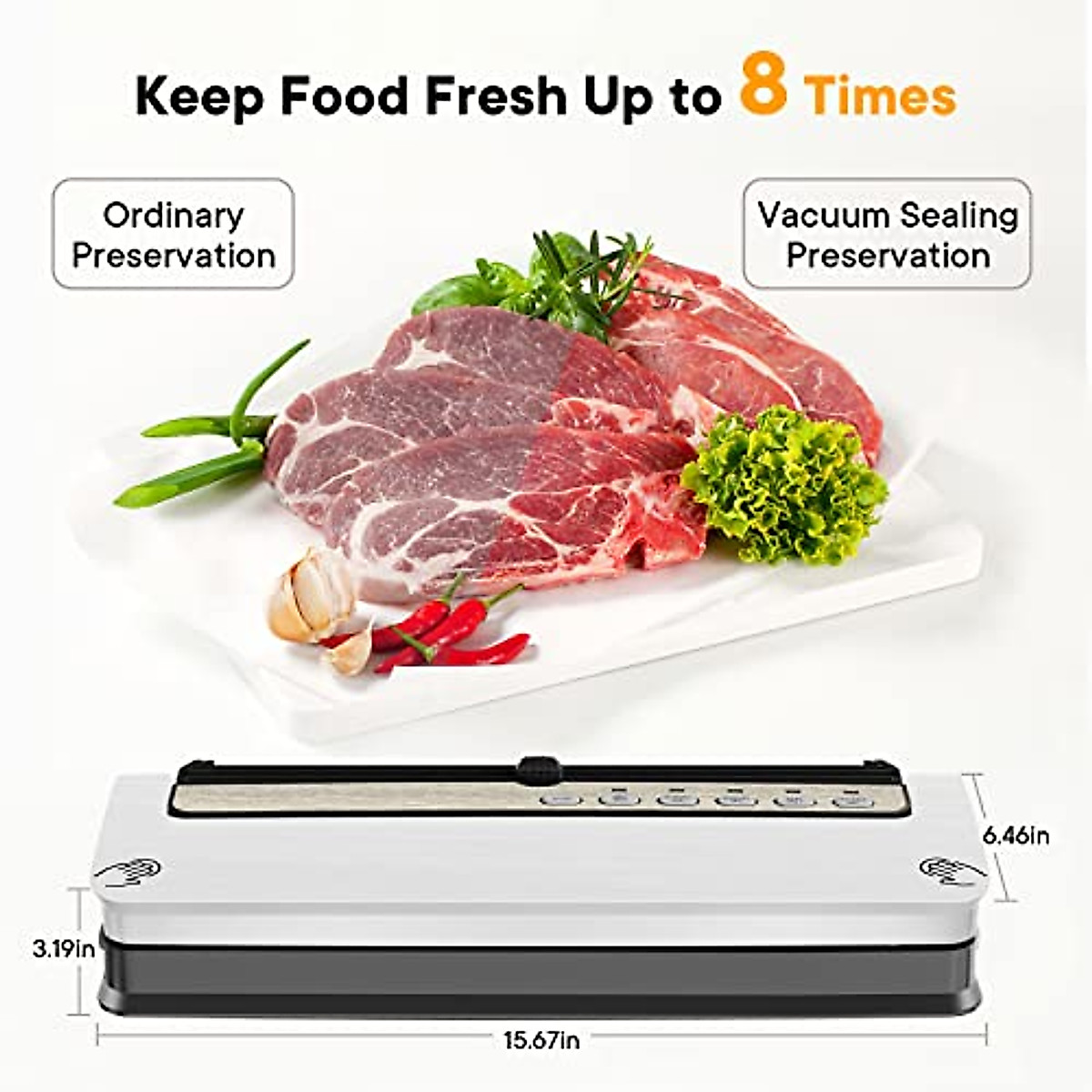 Food Vacuum Sealer Machine, Dry/Moist Vacuum Sealer with 5-in-1 Multi-operating Modes for Sous Vide and Food Storage, Built-in Roll Storage & Cutter Food Vacuum Machine,10 Pcs Bags Starter Kit, White
