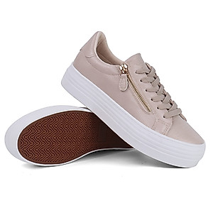 JABASIC Women Lace Up Platform Sneakers Casual Walking Shoes Low top Fashion Sneakers (8,Beige)