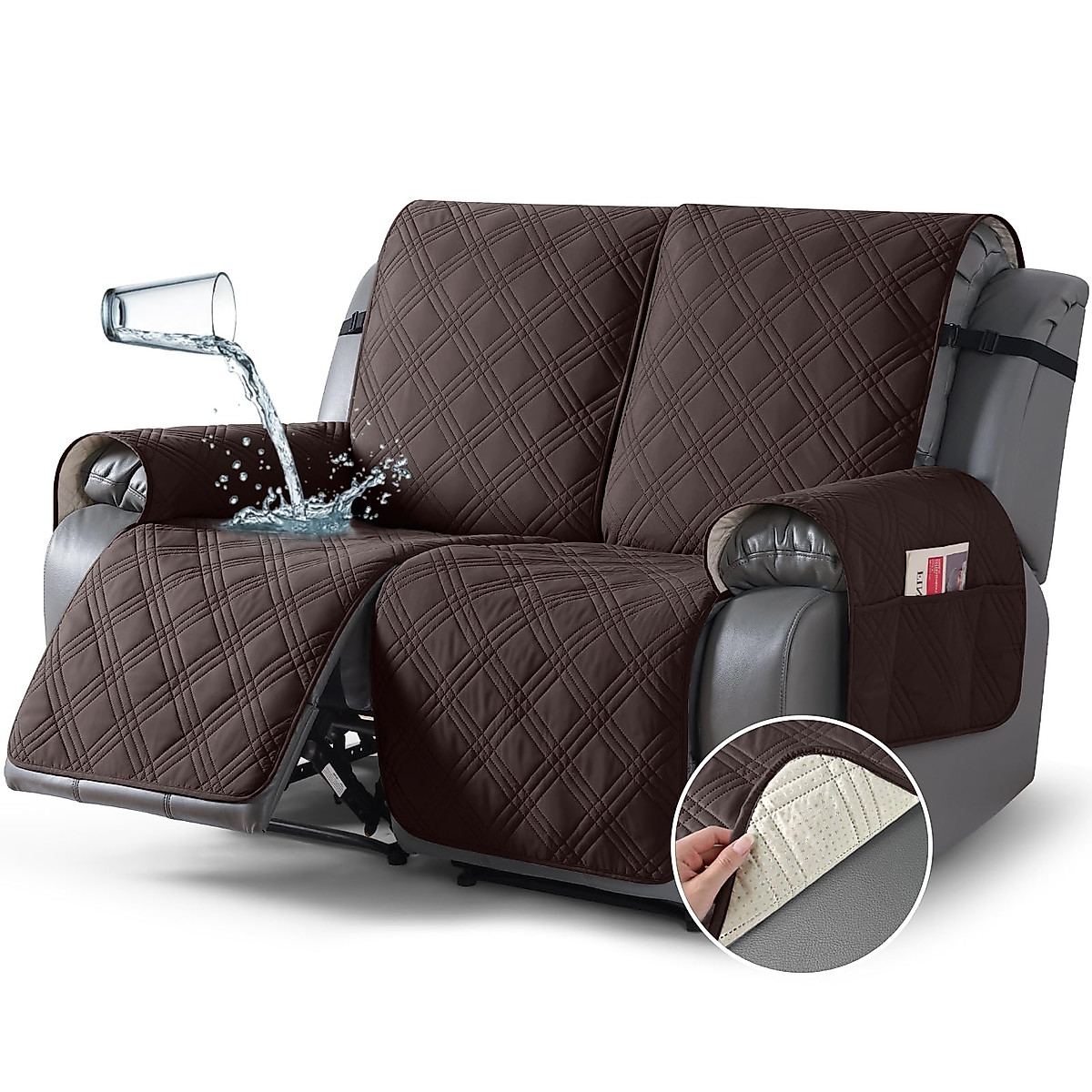 TAOCOCO 100% Waterproof Loveseat Recliner Cover, Non Slip Split Loveseat Covers for Reclining Loveseat with Elastic Straps, Washable Recliner Chair/Furniture Protector for Pets(2 Seater, Chocolate)
